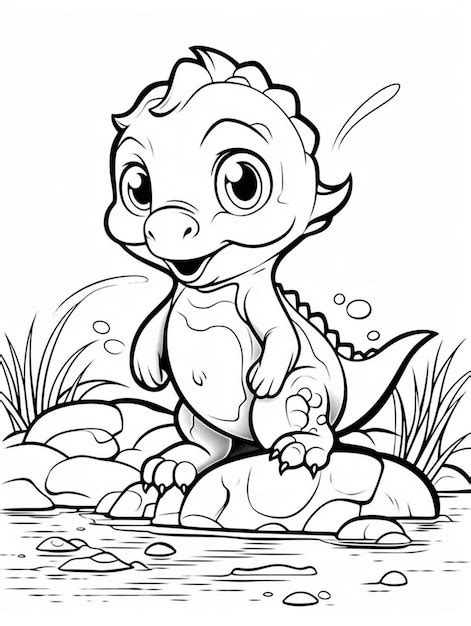 Un Dinosaurio De Dibujos Animados Sentado En Una Roca En El Agua
