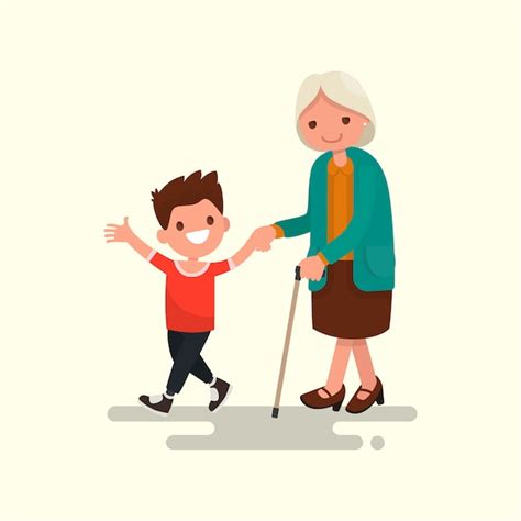 Nieto caminando con su abuela ilustración Vector Premium