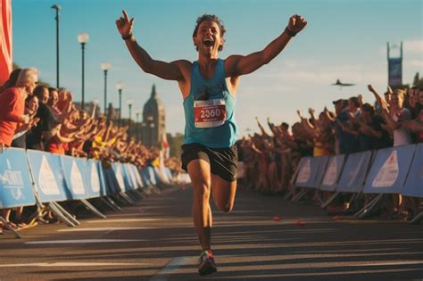 Un Uomo In Una Posa Di Vittoria Della Maratona Che Corre Con Le Braccia
