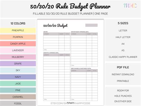 Fillable 50 30 20 Rule Budget Planner Printable 50 30 20 Etsy