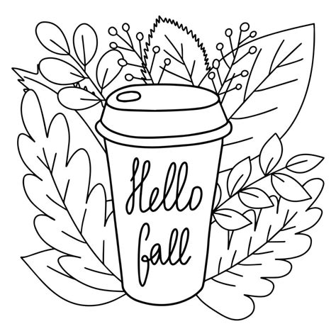 Coffee Mug To Go Coloring Page Vector Illustration Hello Fall Cute