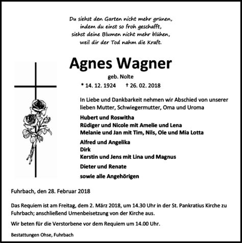 Traueranzeigen Von Agnes Wagner Trauer Anzeigen De