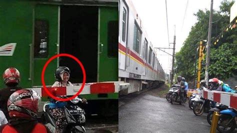 VIRAL Emak Emak Menerobos Palang Pintu Kereta Api Malah Terjebak Di