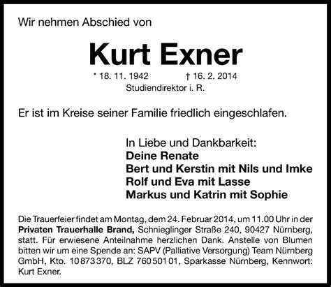Traueranzeigen Von Kurt Exner Trauer Nn De