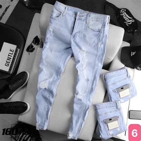 Quần jean nam màu xanh nhạt trơn rách gối chất bò cao cấp co dãn 4