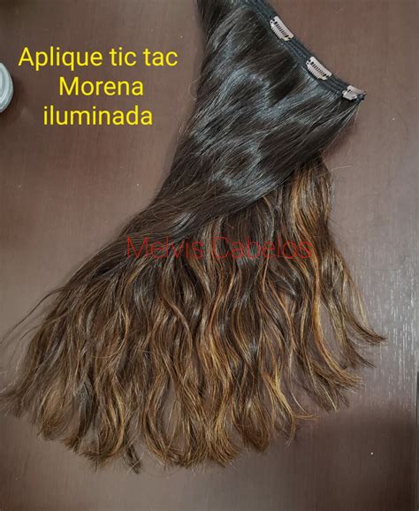 Aplique Tic Tac Cabelo Humano Castanho Morena Iluminada 47cm 150gr