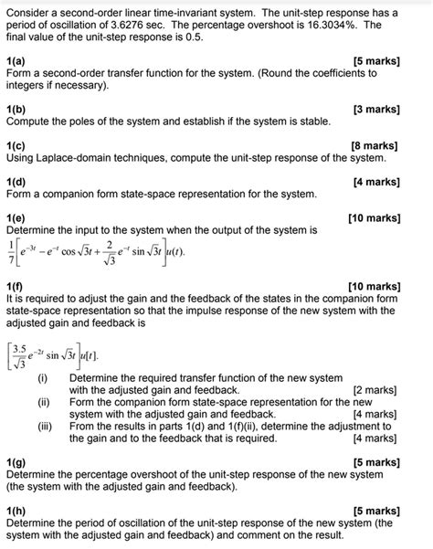 solved consider a second order linear time invariant system