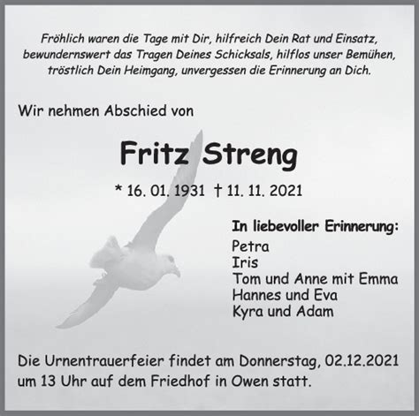 Trauer Fritz Streng 27 11 2021 Teckbote Trauerportal