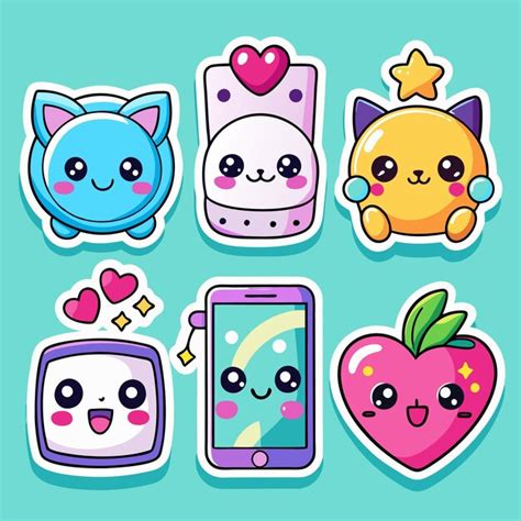 Six Cute Cartoon Characters With Big Eyes Blushing Cheeks And Happy