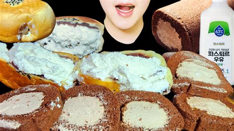 ASMR MUKBANGㅣ생크림팥빵과 초코크림 롤 케이크 먹방 리얼사운드 MILK WHIPPED CREAM BREAD