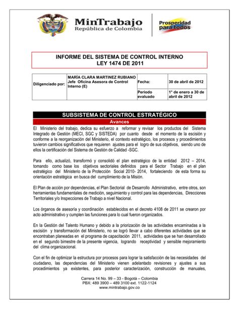 Informe Cuatrimestral Del Sistema De Control Interno