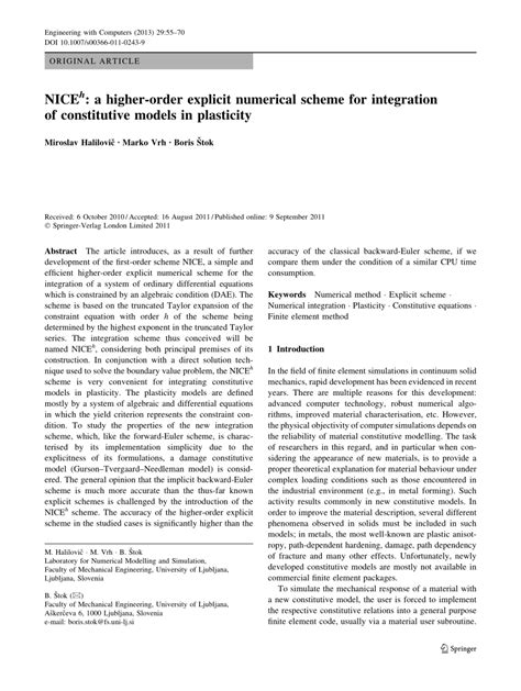 pdf nice h a higher order explicit numerical scheme for integration of constitutive models