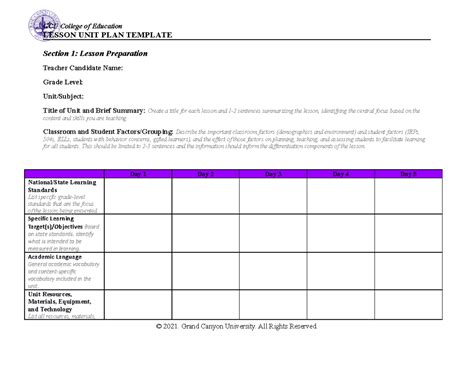 Unit Plan Template 5 Day GCU College Of Education LESSON UNIT PLAN