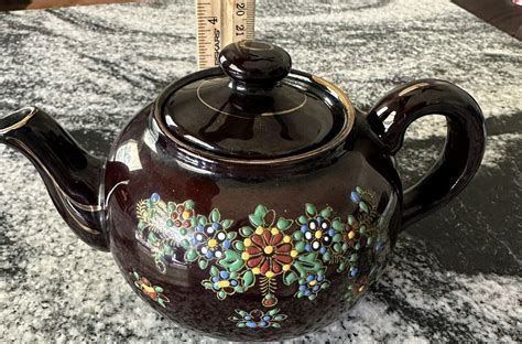 Vintage Brown Betty Redware Teapot Made In Japan Moriage Enamel Hand