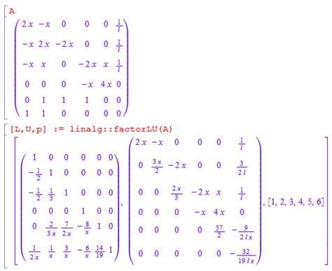 wolframalpha how do i do a symbolic lu decomposition on a 6x6 matrix with parameters stack