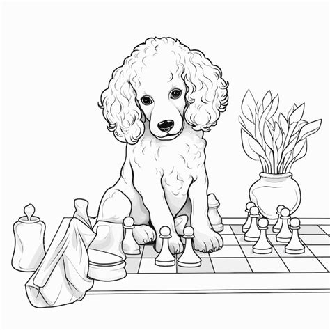 Page De Coloriage Monochrome Vectoriel Simple D Un Caniche Jouant Aux