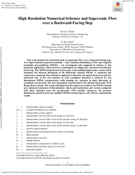 pdf high resolution numerical schemes and supersonic flow over a backward facing step ovais