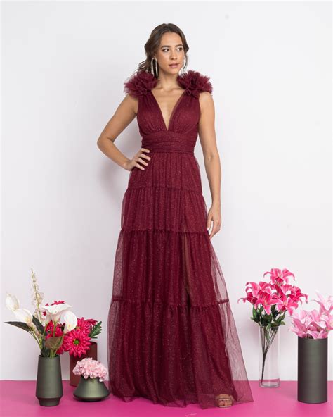 Vestido Festa Longo Denise Marsala Ombro Pom Pom Saia Marias Fenda