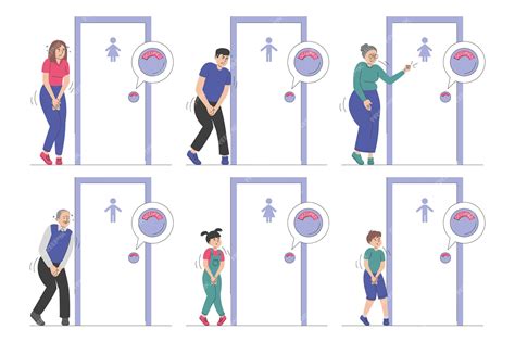Premium Vector People Want To Pee Standing At Toilet Door