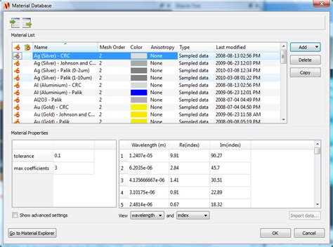 material database in fdtd and mode ansys optics
