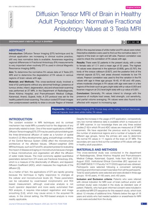 pdf diffusion tensor mri of brain in healthy adult population normative fractional anisotropy