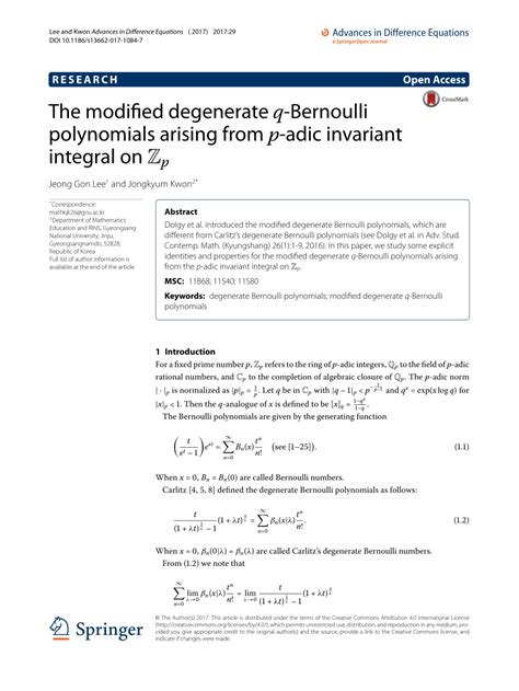 pdf the modified degenerate q bernoulli polynomials arising from p adic invariant integral on