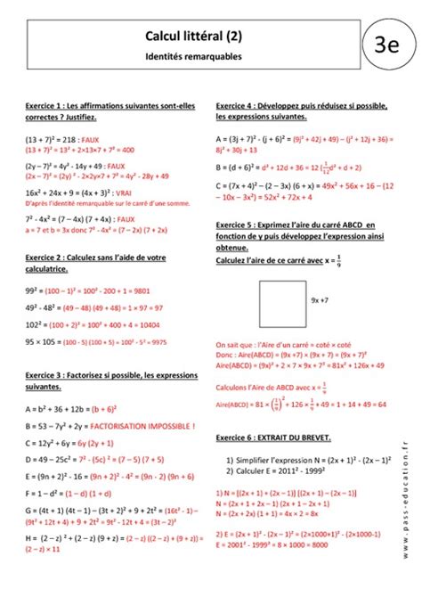 Calcul Litt Ral Identit S Remarquables Me Exercices Corrig S