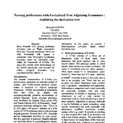 parsing preferences with lexicalized trey adjoining grammars exploiting the derivation tree