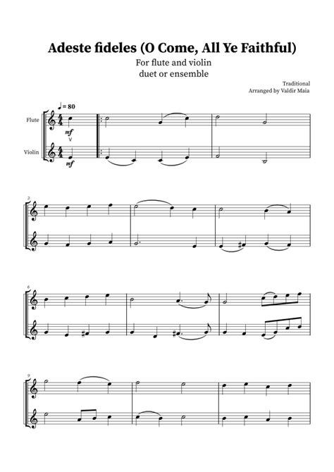 O Come All Ye Faithful Adeste Fideles Flute And Violin Duet Arr