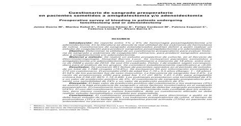 Cuestionario De Sangrado Preoperatorio En Pacientes Pdf Document