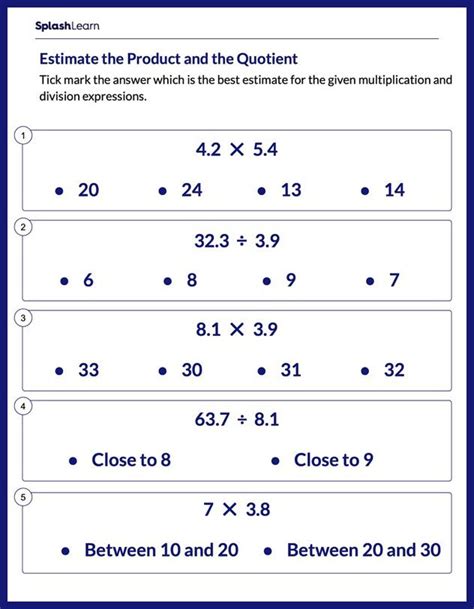 Estimate Product And Quotient Of Decimal Numbers Math Worksheets