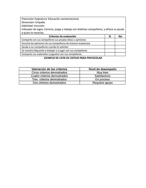 Ejemplos de listas de cotejo Preescolar Asignatura Educación