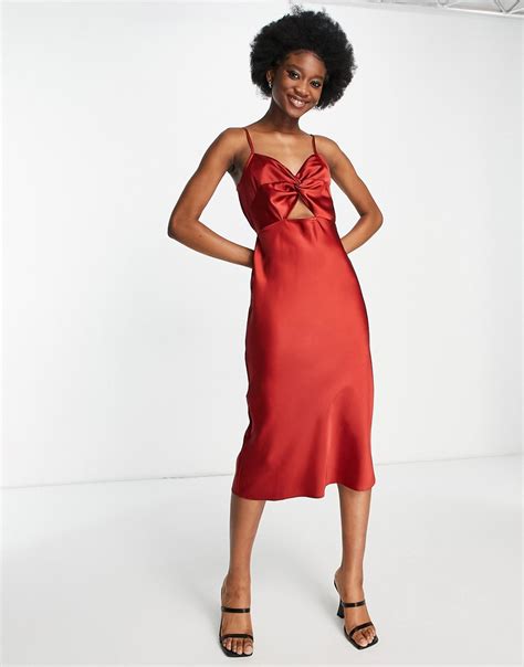 Miss Selfridge brązowa satynowa sukienka midi na ramiączkach XL