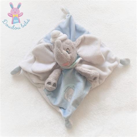 Doudou plat éléphant Dumbo gris bleu blanc argenté DISNEY