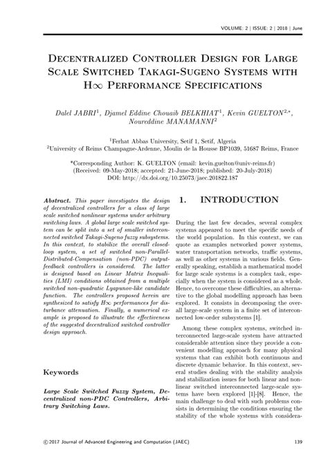 pdf decentralized controller design for large scale switched takagi sugeno systems with h∞