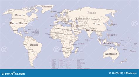 Mapa Del Mundo Del Contorno Con Colores Del Vintage De Los Nombres De
