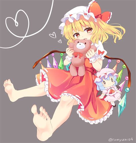 Safebooru 1girl D Artist Name Ascot Barefoot Bat Wings Beige Background Blonde Hair Blush Bow