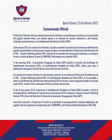 Comunicado de Cerro Porteño con respecto al caso Eduardo Brock RCC