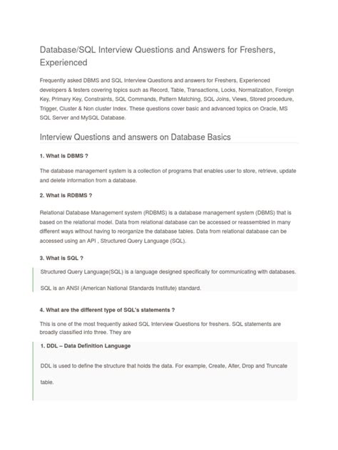 databasesql interview questions and answers for freshers experienced sql databases
