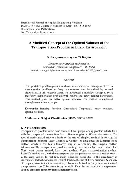 pdf a modified concept of the optimal solution of the transportation problem in fuzzy environment