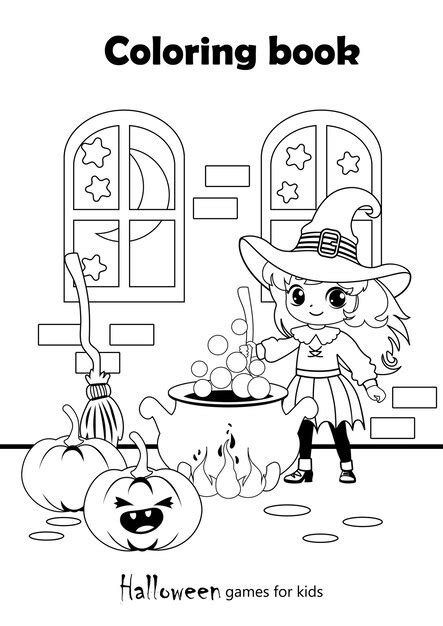Kolorowanka Dla Dzieci Na Imprezę Halloween Słodka Wiedźma Przygotowuje