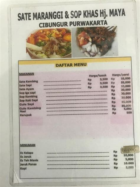 Menu At Sate Maranggi Sop Hj Maya Restaurant Bandung