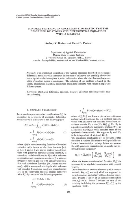 pdf minimax filtering in uncertain stochastic systems described by stochastic differential