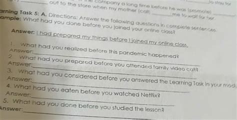 Learning Task A Direction S Answer The Following Questions In