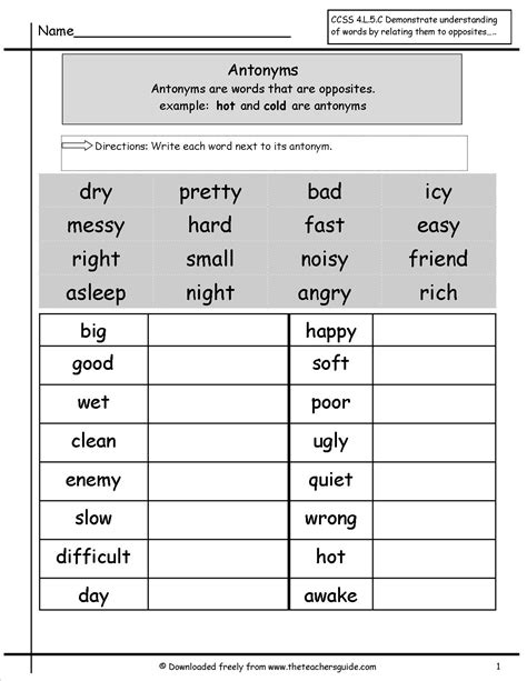 Synonyms Worksheet For Grade 5 With Answers