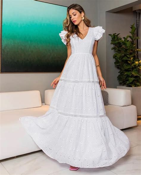 VESTIDO BETINA LONGO EM LAISE BRANCO CLOSET DELUXE Ref 2021399