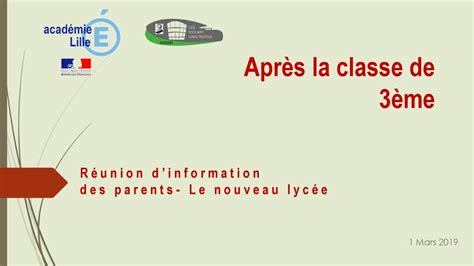 Après la classe de 3ème Réunion dinformation des parents Le nouveau