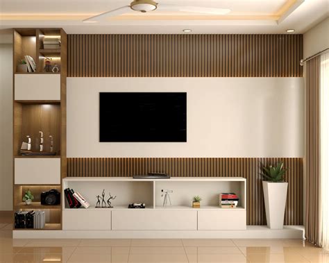 Wood And Champagne Toned Modern Tv Unit Design With White Wood Open