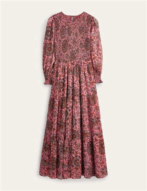 Robe longue métallisée à smocks Rose délavé tapisserie florale