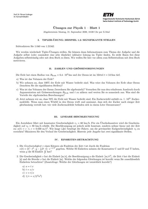 Übungen zur Physik 1 Blatt 1 Prof Dr Tilman Esslinger Dr Konrad